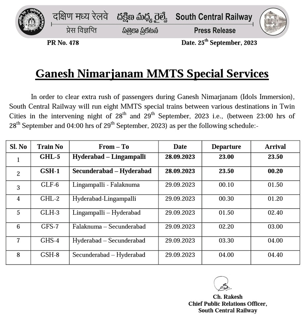 Hyderabad: గణేశ్‌ నిమజ్జనానికి MMTS ప్రత్యేక సర్వీసులు.. టైమింగ్స్‌ ఇవే ...